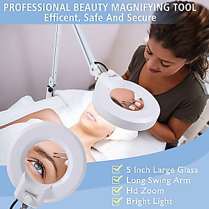 Magnifying Floor lamp with 5 Wheels Rolling Base for Estheticians - 1,500 Lumens LED Dimmable Light with Magnifying Glass, 8-Diopter Lighted Magnifier for Reading, Crafts, Sewing, Close Work(5X)
