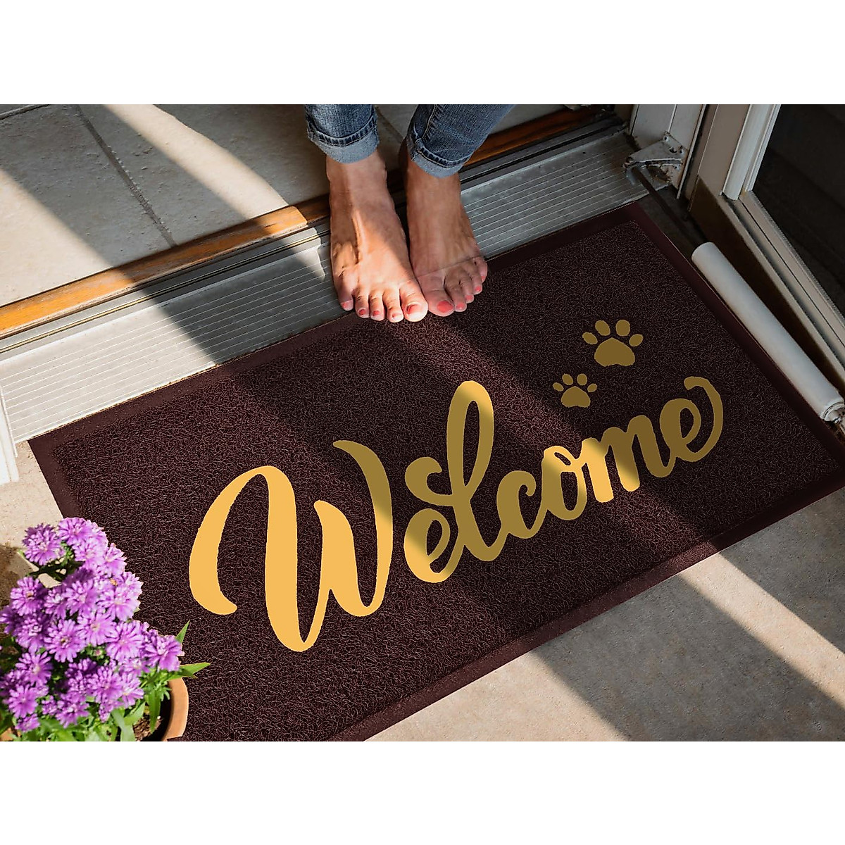 T.HENV Welcome Mat Outdoor, 30x17.5 Waterproof All-Season Front Door Mat Outside Entrance, All-Weather Quick Drying, Low Profile Doormat Indoor, Patio Porch Entryway Mat, Brown-Gold