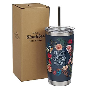 Christian Art Gifts Reusable Stainless Travel Mug Tumbler w/Straw for Women: Trust in the Lord Bible Verse, Double Wall Vacuum Insulated, Pop-up Lid, Hot/Cold, Cute Navy Blue Multicolor Floral, 18 oz.