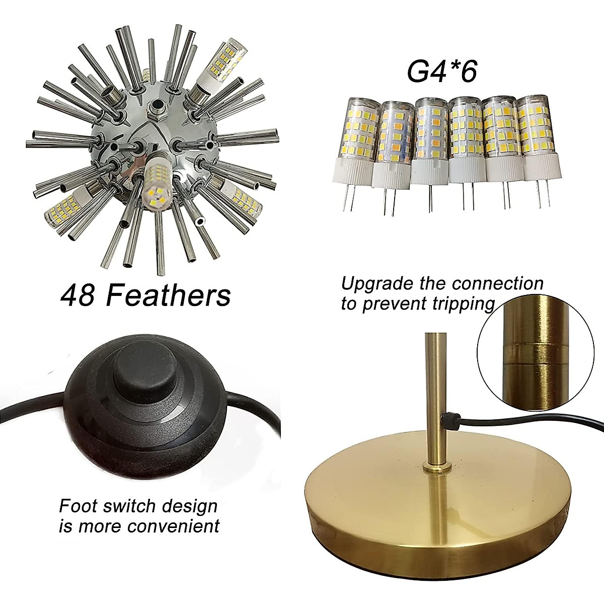 MSFDC Feather Floor Lamps for Living Room, Natural Ostrich Feather Lamp,Modern Floor Lamps,Bedside Feather Standing Lamp,Led Reading Lamp,Feather Lamps for Girl Bedroom Decor, G4*6 Bulb (Gold)