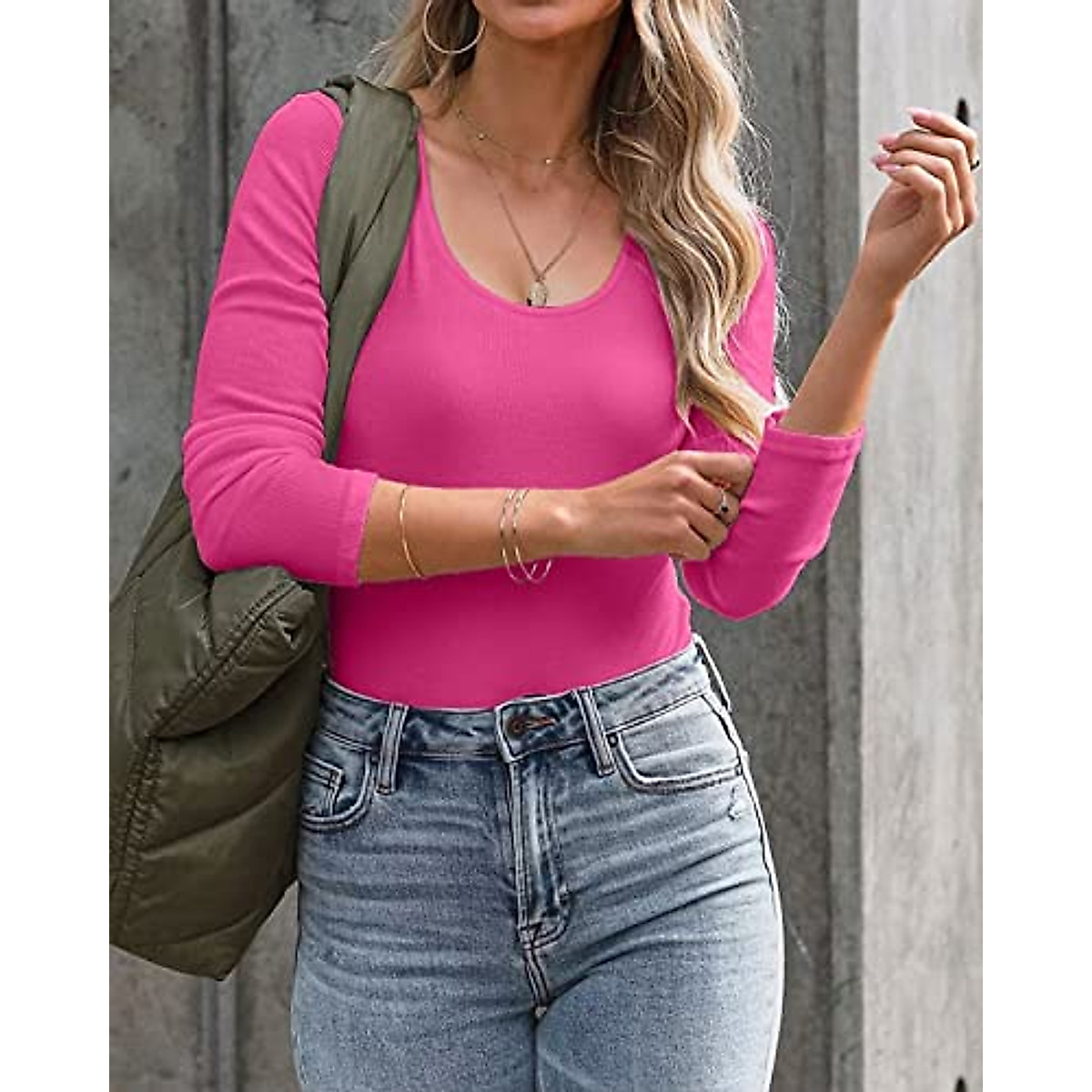 VICHYIE Fall Women's Square Neck Long Sleeve Shirts Scoop Ribbed Henley Tee Slim Fitted Casual Basic Tshirts Top Blouses Hot Pink L