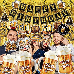 60th birthday decorations for men women - (60pcs) black gold party Banner, 40 Inch Gold Balloons,60th Sign Latex Balloon,Fringe Curtains and cheers to you Foil Balloons,Hanging Swirl,photo props