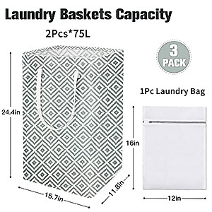 Letensh Laundry Baskets 2 Pack, 75L Foldable Laundry Hampers with Mesh Laundry Bag, Waterproof Dirty Clothes Hamper Organizer Freestanding Tall Laundry Bin with Handles for Laundry Room, Bedroom, Dorm