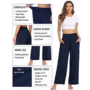 TARSE Womens Wide Leg Pants Plus Size High Waist Yoga Sweatpants Casual Loose Lounge Palazzo Pants Pockets(Navy,XL)