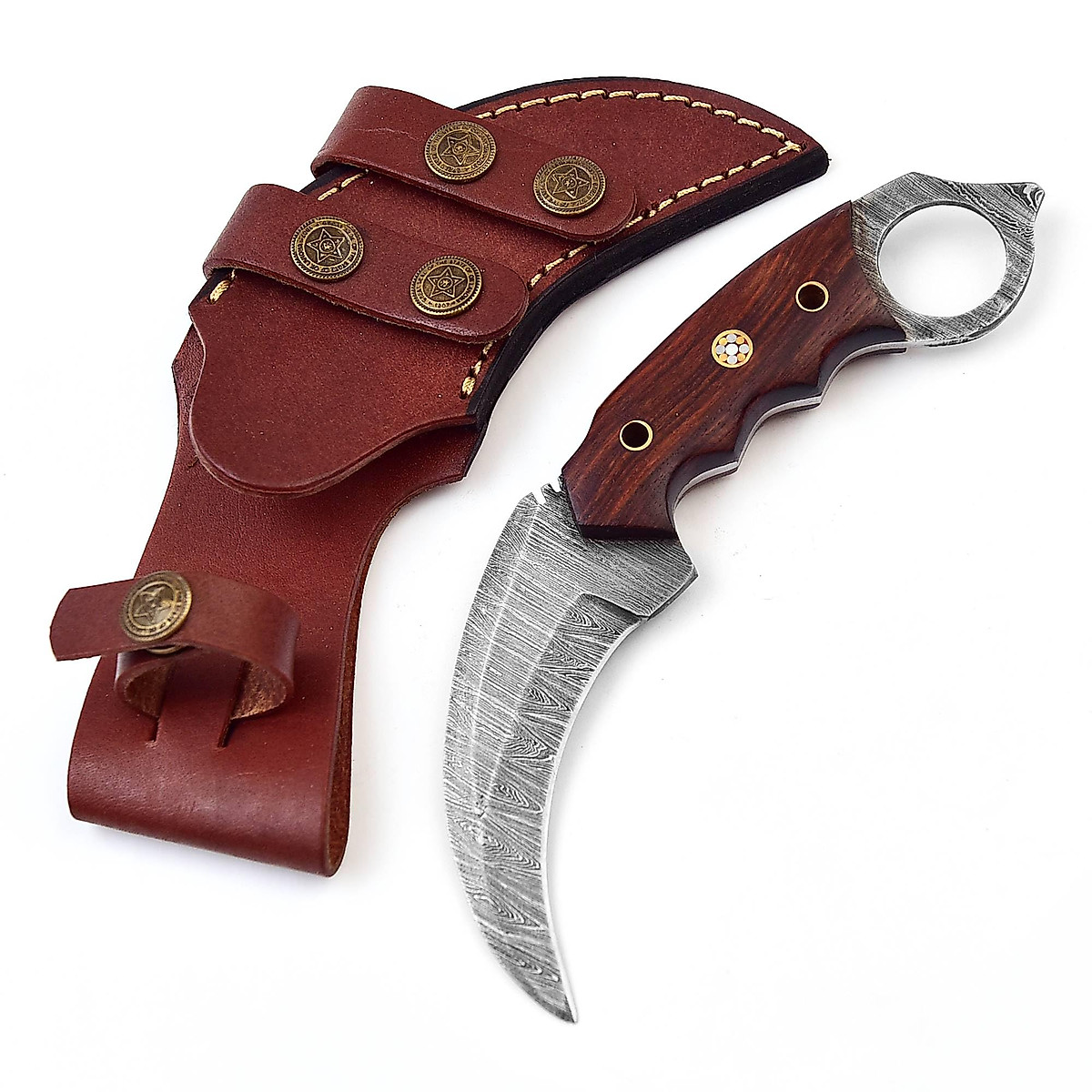 Handmade Hunting Damascus steel Hunting Knife with Genuine Leather Sheath | 7.5'’ EDC Knife for Men | Fixed Blade Outdoor Knife with Rose Wood Handle | Full Tang Razor Sharp Blade