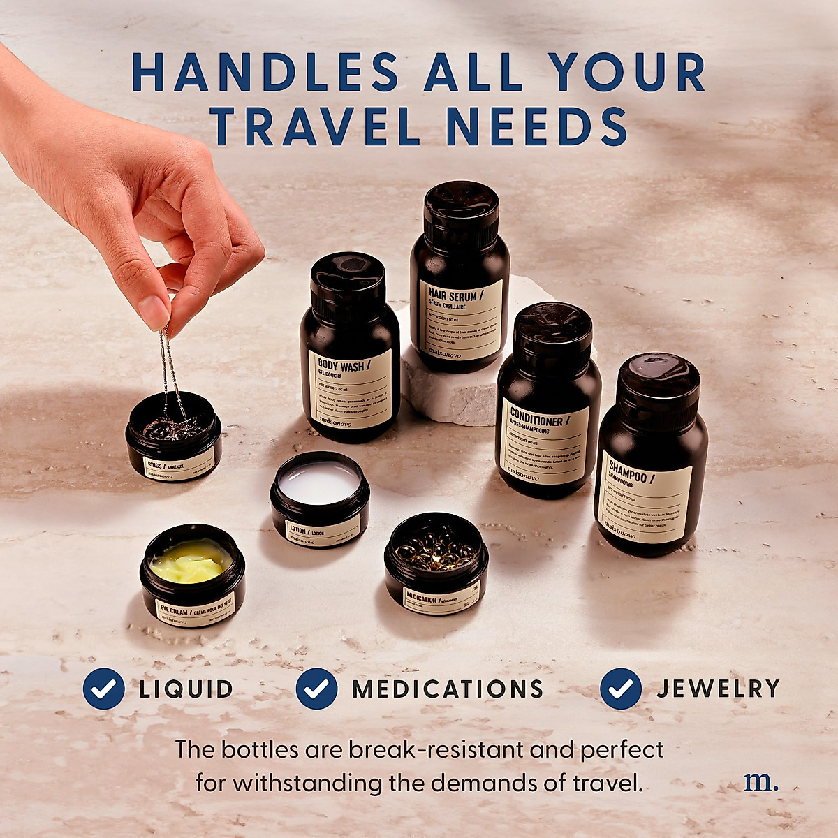 MAISONOVO Travel Bottles for Toiletries, TSA Approved, Leak Proof Refillable, Travel Size Containers and Bottles with Water Proof Toiletry Bag