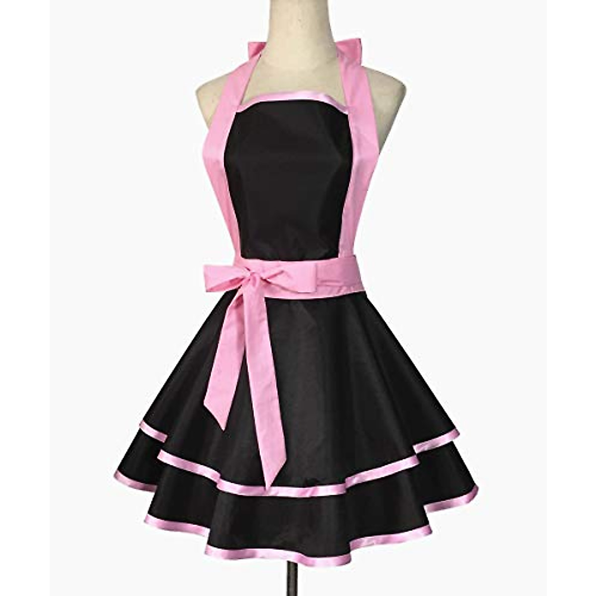 Hyzrz Lovely Handmade Cotton Retro Black Aprons for Women Girls Cake Kitchen Cook Apron for Mother's Gift (Pink)