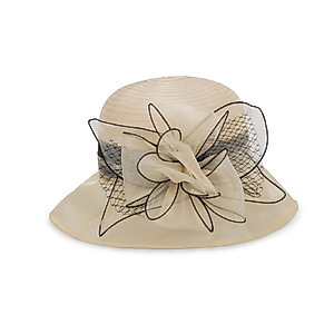 Organza Fascinator Tea-Party Derby-Hats for Women - Flower Wide Brim Church Sunday Sun Hat (US, Alpha, Medium, Beige)