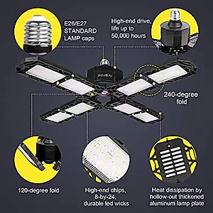 2 Pack LED Garage Light,Super Bright Screw in E26/E27 Ceiling Shop Work Lamp, 150W 15000 Lumen Deformable Basement Bulb Fixture with 8 Adjustable Panels, Commercial Bay Lighting for Workshop, Attic
