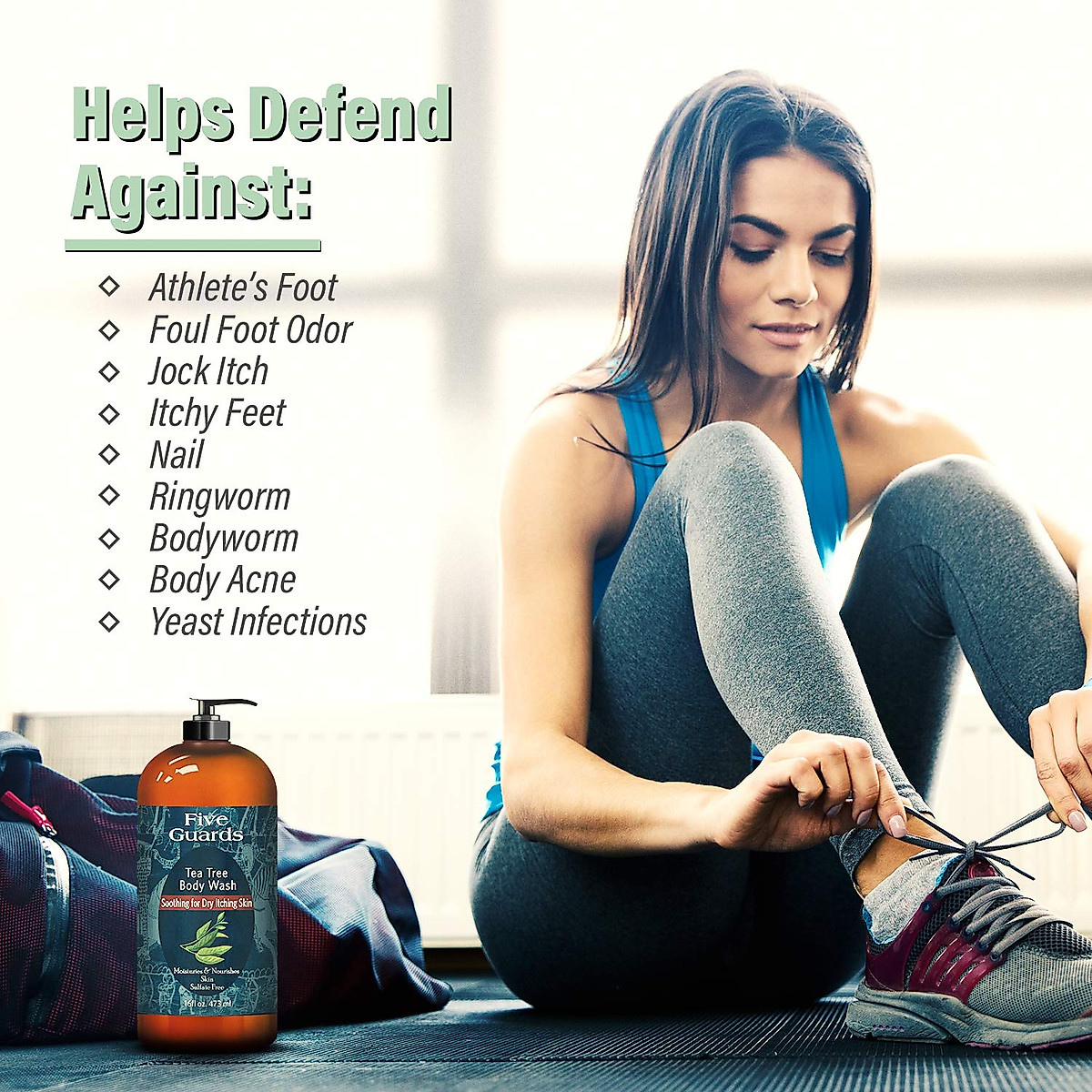 FIVE GUARDS Tea Tree Oil Body Wash With Mint Removes Body Odor, and more. Botanical Shower Gel Soap Women & Men with Oregano, Rosemary, Cinnamon oil - 16 fl oz