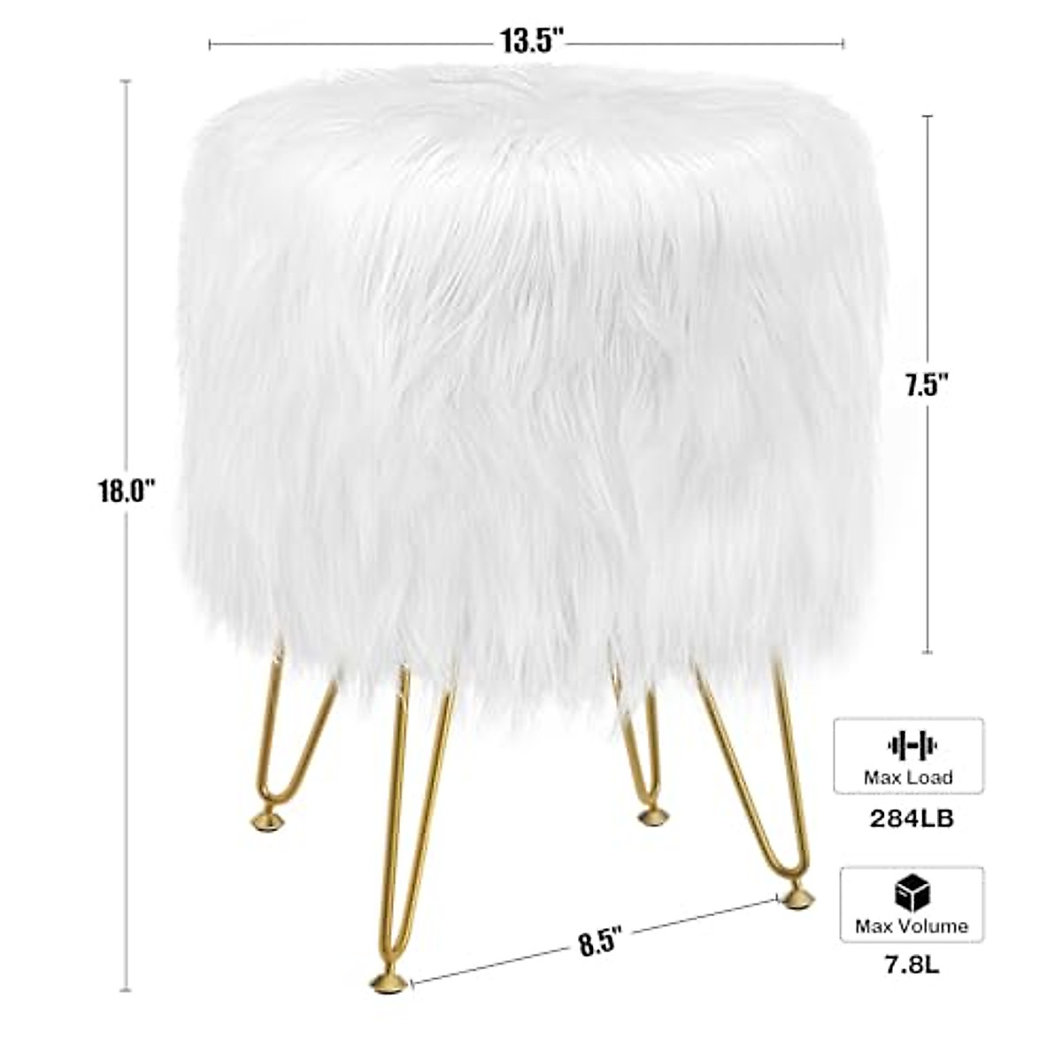GREENSTELL Vanity Stool Chair with Storage, 13.5" W x 18" H Round Faux Fur Ottoman with 4 Metal Legs, Furry Padded Seat, Modern Multifunctional Makeup Stool for Bedroom Living Room White