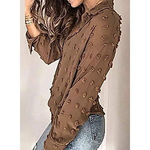Astylish Womens Soft Cuffed Sleeve Pompom Collar Shirts Long Plus Size Button Down Blouse Tops Brown Small