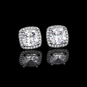 CZ Stud Earrings, Halo Stud Earrings for Women YOMELA White Gold 10MM Square Cubic Zirconia Stud Earrings Hypoallergenic for Women
