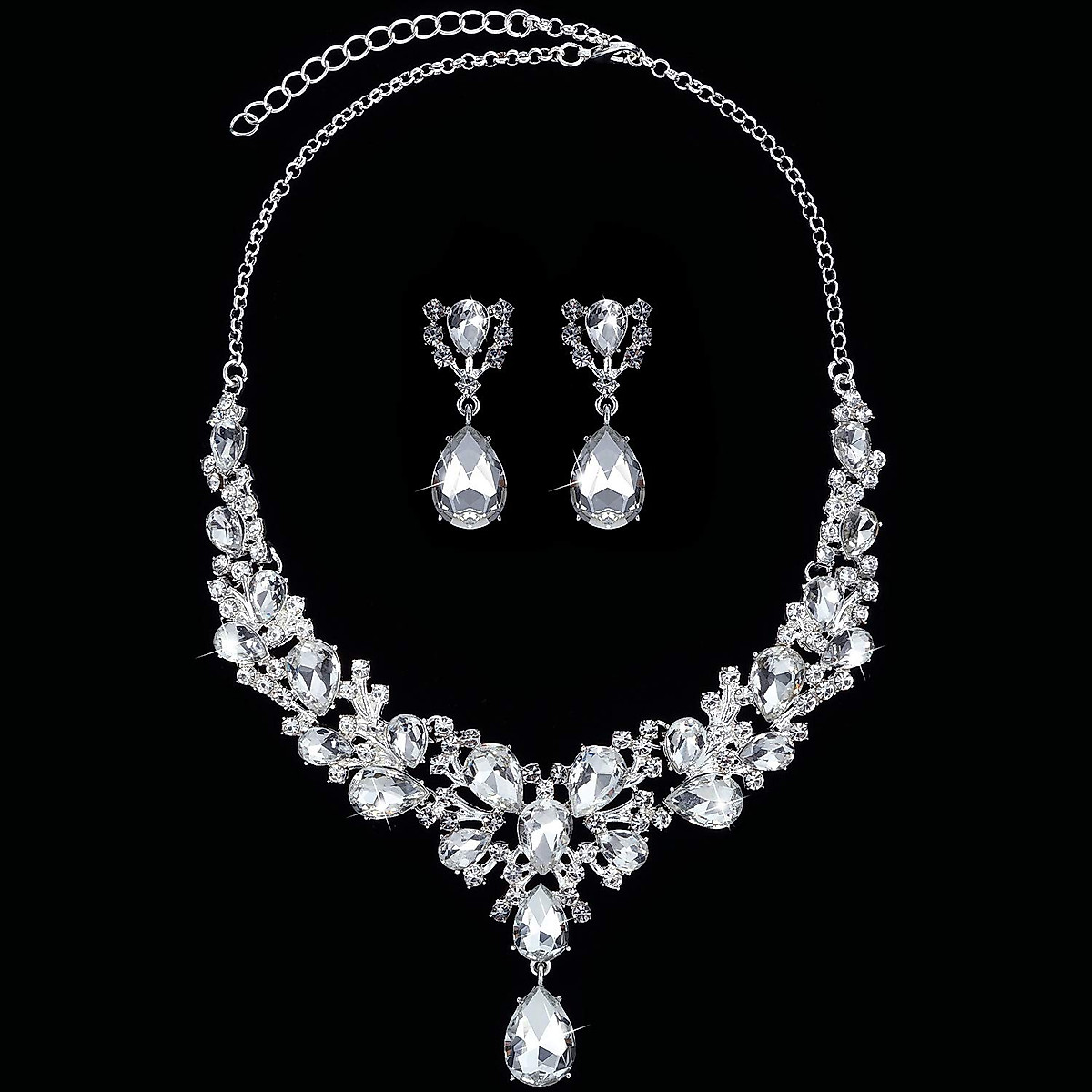 Hicarer Bridal Teardrop Cluster Crystal Jewelry Set for Women Necklace Earrings Wedding (Silver)