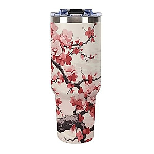 40 Oz Vacuum Tumbler with Light Rose Red Handle Leakproof Insulated Tumbler Japanese Floral Cherry Blossom Stainless Steel Travel Mug with Lid And Straw Coffee Cup Cute Water Bottles Cup Holder Friend