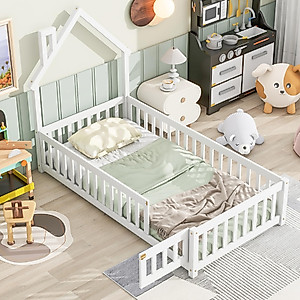 DEINPPA Twin Kids Bed, Wooden Floor Bed with House Shaped Headboard, House Bed Frame with Door Design for Toddler Children Boys Girls-White