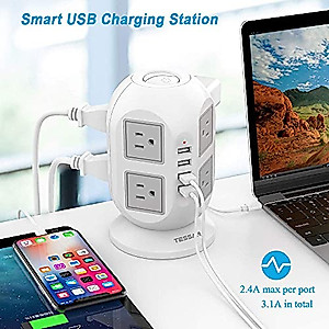 TESSAN Power Strip Tower Long Extension Cord 15 ft, Surge Protector 8 AC Outlets 4 USB Ports, Charging Station Extension Cord with Multiple Outlets for Home, Office, Dorm Room Essentials