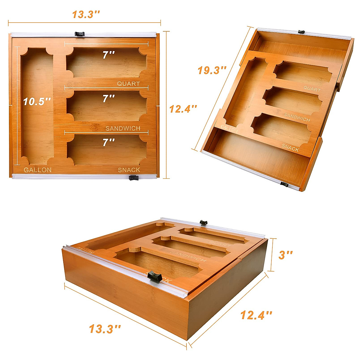 Ziplock Bag Storage Organizer and Dispenser with Cutter, Bamboo Organizer Compatible with Gallon,Sandwich & Snack