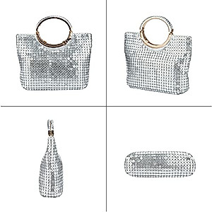 GripIt Designer Handbags Sequin Tote Bag with Rhinestone Wristlet Sparkly Purse Crystal Bag for Women Trendy Formal Evening Bag,Silver