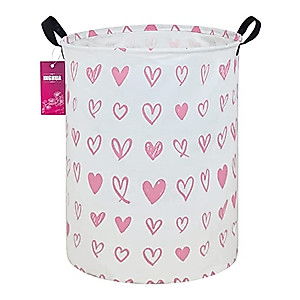 INGHUA Laundry Hamper Large Canvas Fabric Lightweight Storage Basket/Toy Organizer/Dirty Clothes Collapsible Waterproof for College Dorms, Boys and Girls Bedroom,Bathroom(Pink hearts)