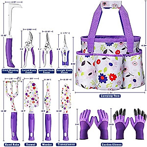 Floral Purple Garden Tool Set Gardening Gifts for Women,Garden Pruning Shears Set,Heavy Duty Gardening Tools Kit,Storage Tote Bucket Bag Organizer,Birthday Gifts for Her
