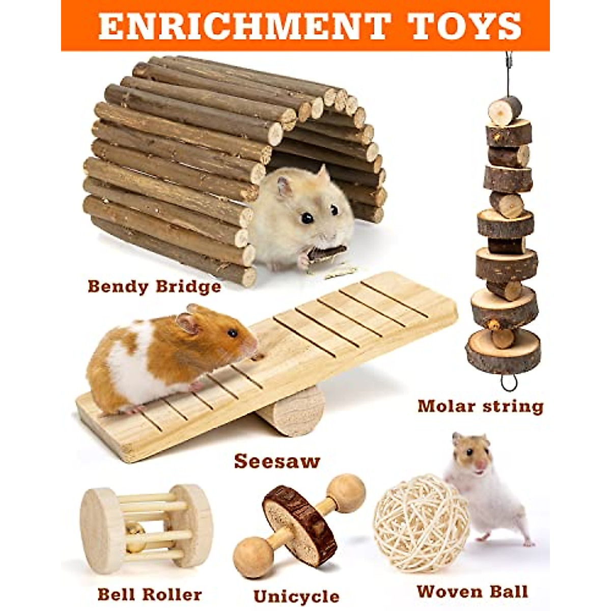 Sofier Hamster, Guinea Pig Toys Accessories Natural Chews for Teeth Rabbit Bunny Rat Chinchilla Hideout Ball Apple Wood Timothy Hay Sticks
