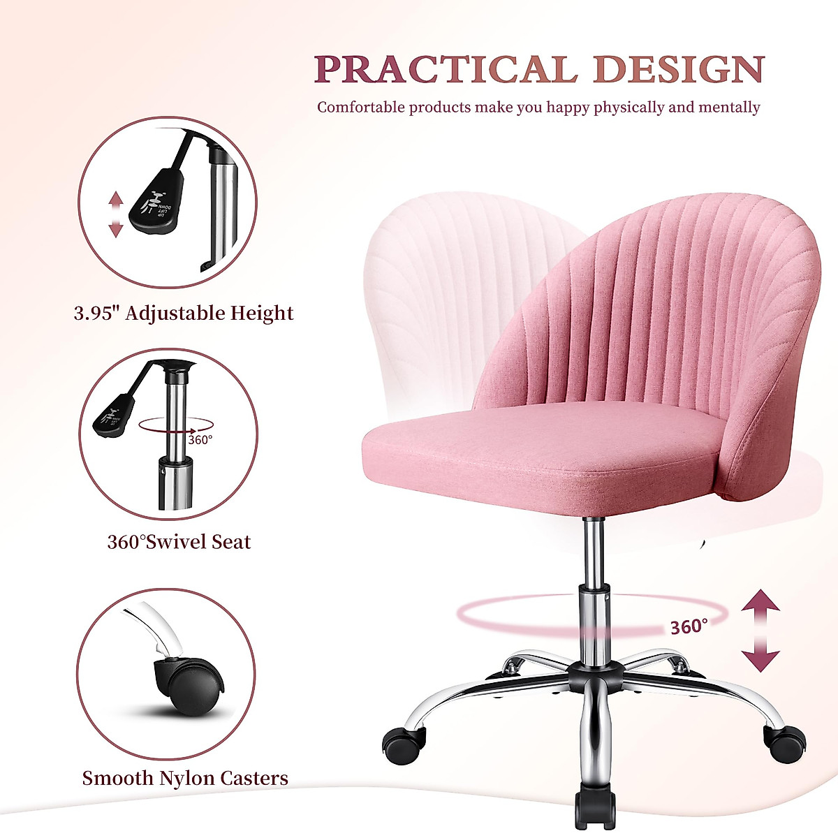 JUMMICO Home Office Desk Chair Vanity Chair Twill Upholstered Adjustable Mid-Back Armless Swivel Task Chair Modern Fabric Office Chairs with Wheels for Bedroom, Living Room, Make-up (Pink)