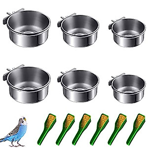 Lucky Interests 6 pcs Bird Feeding Dish Cups, Three Sizes Parrot Stainless Steel Food Bowl Bird Cage Water Feeder with Clamp Holder for Parrots Cockatiel Budgies Lovebird Parakeet with 6 Bird Spoon