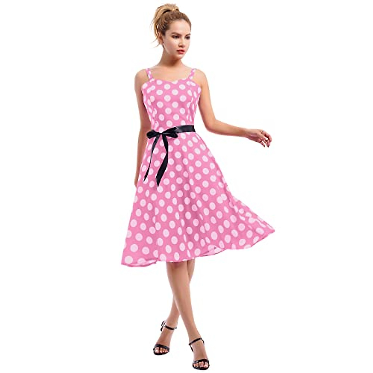 ABAFIP Women's 50s 60s Vintage Sleeveless Sling Strap Polka Dot A-Line Swing Cocktail Party Wedding Bridesmaid Summer Beach Tea Dresses Pink X-Large