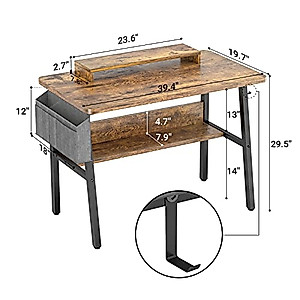 Computer Desk, Desk with Monitor Stand Shelf, 40 Inch Laptop Table with Bookshelves, Study Writing Desk with Storage Bag and Hooks, Small Desk for Small Space, Home, Office, Rustic Brown