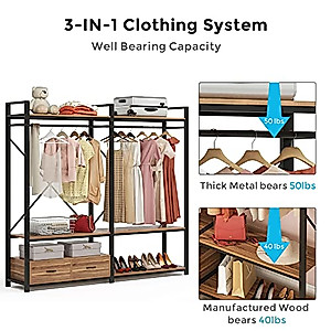 Tribesigns Freestanding Wood Garment Racks, Clothing Rack with Shelves and Drawers, Heavy Duty Metal Clothing Rack, Closet Organizer for Bedroom Walk-in Wardrobe