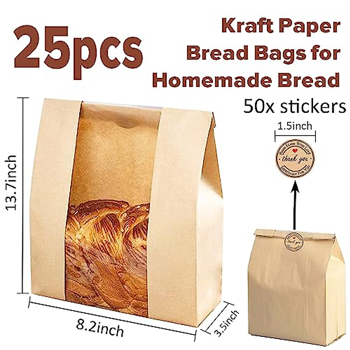 25Pcs Kraft Paper Bread Bags, Brown Bakery Bags for Homemade Bread & Food Packing Storage with Clear Window, Sourdough Loaf Bread Bags with Label Seal Stickers