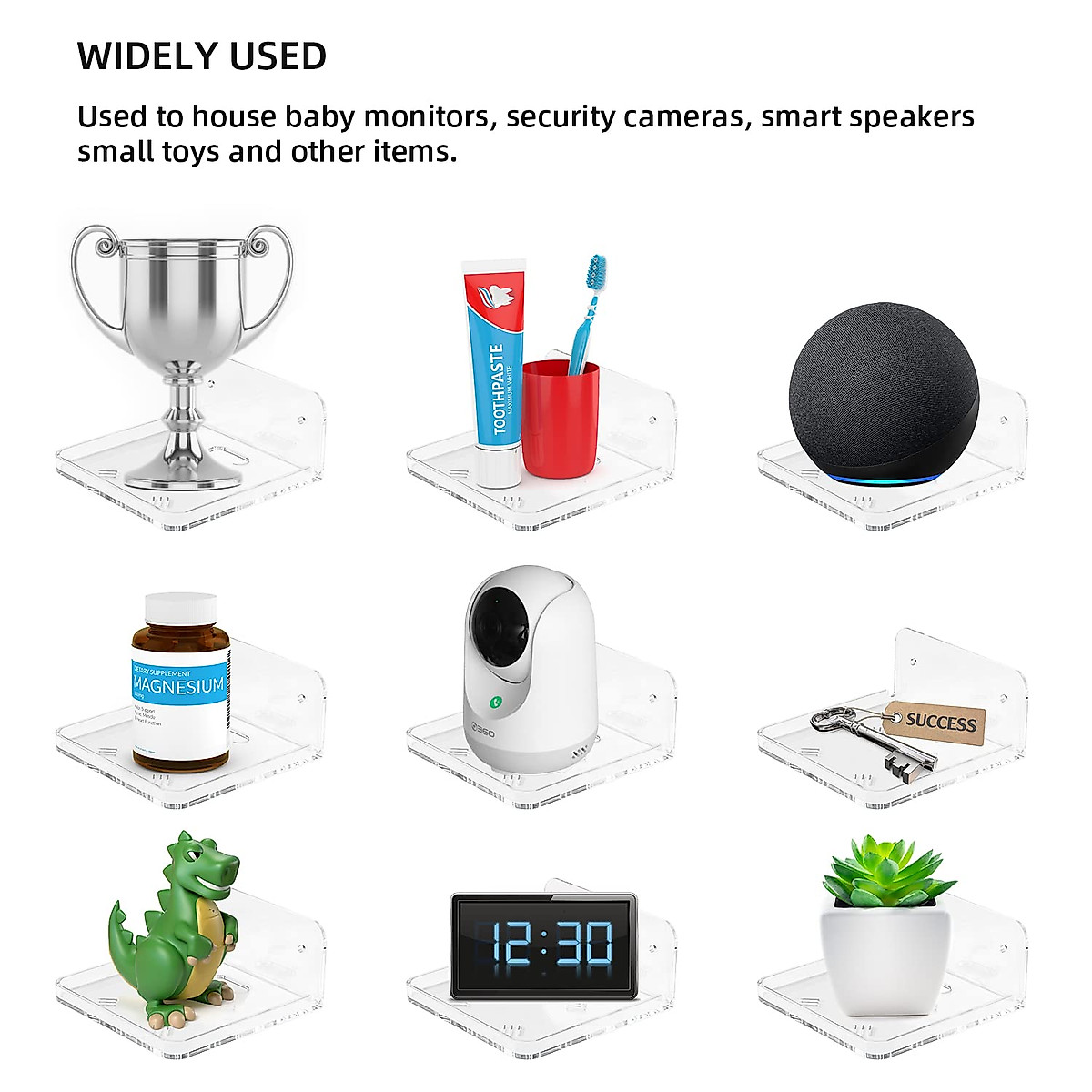 Wall Mount Floating Shelves for 2 Pcs Camera Mini Speaker Shelf Baby Monitor Wall Mount Shelf Other Small Items in Bedroom Bathroom Kitchen Living Room Clear Mini Shelf Flexible Use for Wall Space