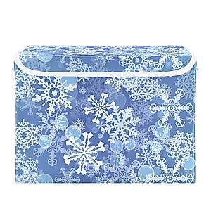 Krafig Snowflakes Decorative Storage Box with Lid Large Bins Baskets Foldable Cube Organizer Collapsible Containers for Organizing, Toy, Home, Shelf, Closet