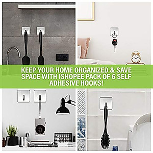 Self Adhesive Hooks by ishopee – Heavy Duty Stick Hanging Hooks for Bathroom Kitchen Wall – Reusable Stick on Hooks – Waterproof Stainless Steel Towel Hangers and Organizers, 6 Pack