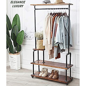 DOFURNILIM Industrial Clothing Rack, Pipe Style Rolling Garment Rack, Heavy Duty Steampunk Clothes Rack, Hall Tree on Wheels with Shelf and Shoes Storage for Home, Retail Store, Rustic Wood