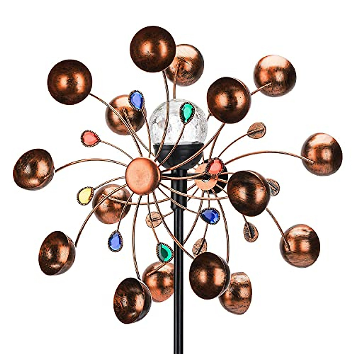 TiuAuiT Wind Spinner Outdoor Metal Multi Color Seasonal LED Lighting Solar Powered Glass Ball with Kinetic Windmill Dual Direction for Patio Lawn Garden