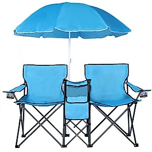 DOALBUN Double Portable Picnic Chair Folding Camping Chair W/Umbrella Table Beverage Holder Carrying Bag Cooler Fold Up Table for Patio Pool Park Outdoor Beach Camping Chair (Blue)