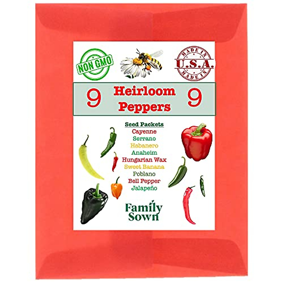 Heirloom Pepper Seeds by Family Sown - 9 Non GMO Sweet & Hot Pepper Seeds for Your Home Garden with Poblano Pepper Seeds, Habanero Seeds, Bell Pepper Seeds, Serrano and More in Our Seed Starter Kit