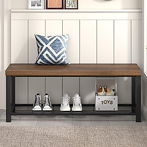 FOLUBAN Shoe Bench, Modern Wood and Metal Storage Bench for Entryway Hallway, Industrial Indoor Bedroom Bench Seat for Living Room, Mudroom, Rustic Walnut, 47 Inch