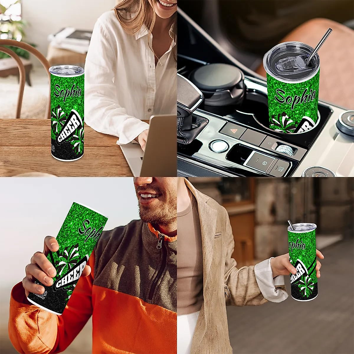 Ioracida Personalized Cheer Insulated Stainless Steel Tumbler with Lid and Straw, Casual Coffee Cup Mug for Cheerleader Coach, Custom Gifts for Cheer Mom Cheer Team, Green Glitter