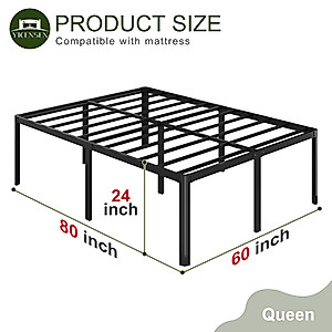 Yicensen 24 Inch High Queen Bed Frame Rounded Corner No Box Spring Needed, Heavy Duty Metal Queen Size Platform Bed Frame, Easy Assembly, Noise Free, Black