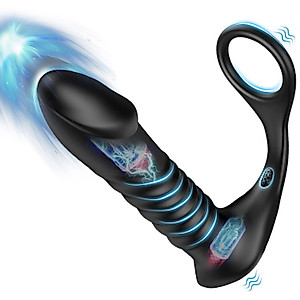 Thrusting Anal Vibrator with Thick Penis Ring, 3*10 Vibrating&Telescopic Prostate Massager Dildo Shaped Anal Plug, TIVINO Silicone Male Sex Toys Gay Toy for Men Masturbation and Foreplay