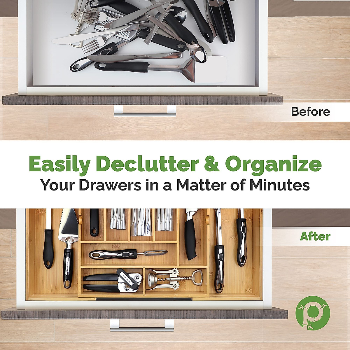 Pristine Bamboo Silverware Organizer - Expandable Kitchen Drawer Organizer - Adjustable Kitchen Drawer Organizer for Utensils, Expandable to 25 Inches Wide, 10 Compartments, Silverware Tray for Drawer