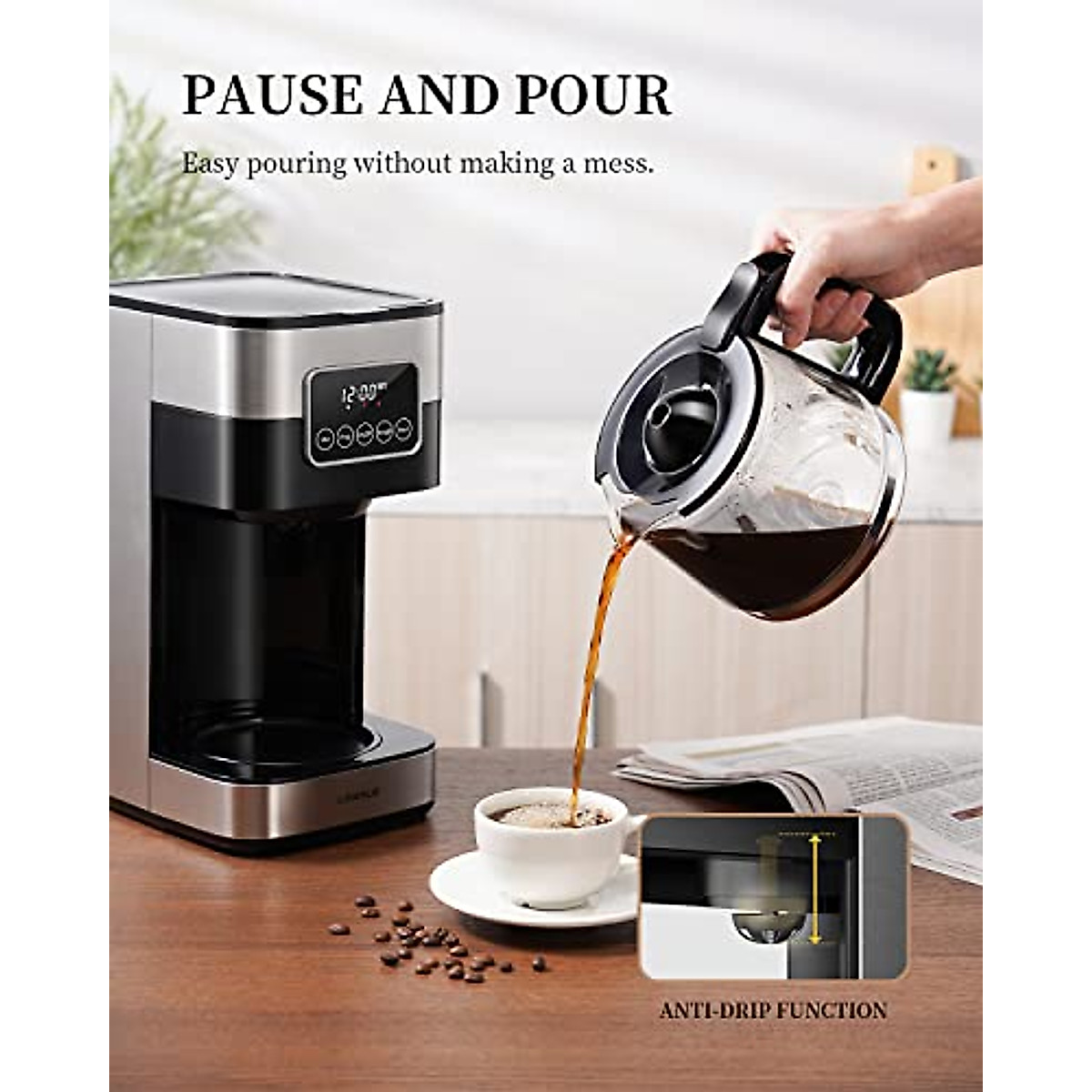 KIDISLE Programmable Coffee Maker, 10-Cup Drip Coffee Machine with Touch Screen, Glass Carafe, Reusable Filter, Warming Plate, Regular & Strong Brew for Home and Office, Black