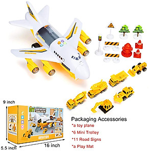 Car Toys Set with Transport Cargo Airplane and Large Play Mat, Educational Vehicle Construction Car Set for Kids Toddler Boys Child Gift for 3 4 5 6 Years Old, 6 Cars, Large Plane, 11 Road Signs