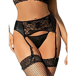 ohyeah Women Black Lace Garter Belt for Thigh Highs Stockings Sexy Mesh Suspender 4 Slips Garter Belts (No Sock) S-M