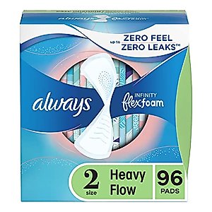 Always Infinity Flexfoam Feminine Pads for Women, Size 2, Heavy, without wings, Unscented, 32ct X 3 Packs (96 Count Total)