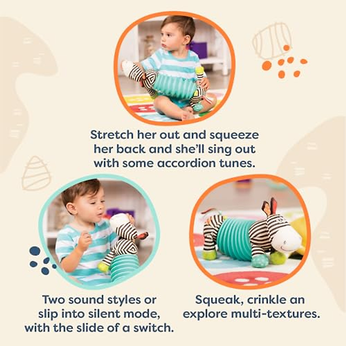 B. baby – Sensory Zebra Plush – Zebra Accordion – Interactive Stuffed Animal – Musical Baby Toy – 6 Months + – Squeezy Zeeby