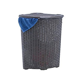 Corner Laundry Hamper Basket with Lid 50 Liter - Brown Wicker Hamper, Durable, Lightweight Bin with Cutout Handles - Storage Dirty Cloths Curved Shape Design Fits Bathroom, Door, Closet. By Superio